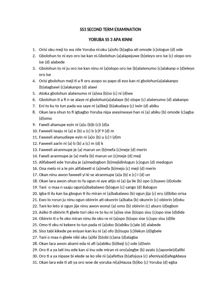 117773f9 YORUBA SS 3 SECOND TERM EXAM | PDF
