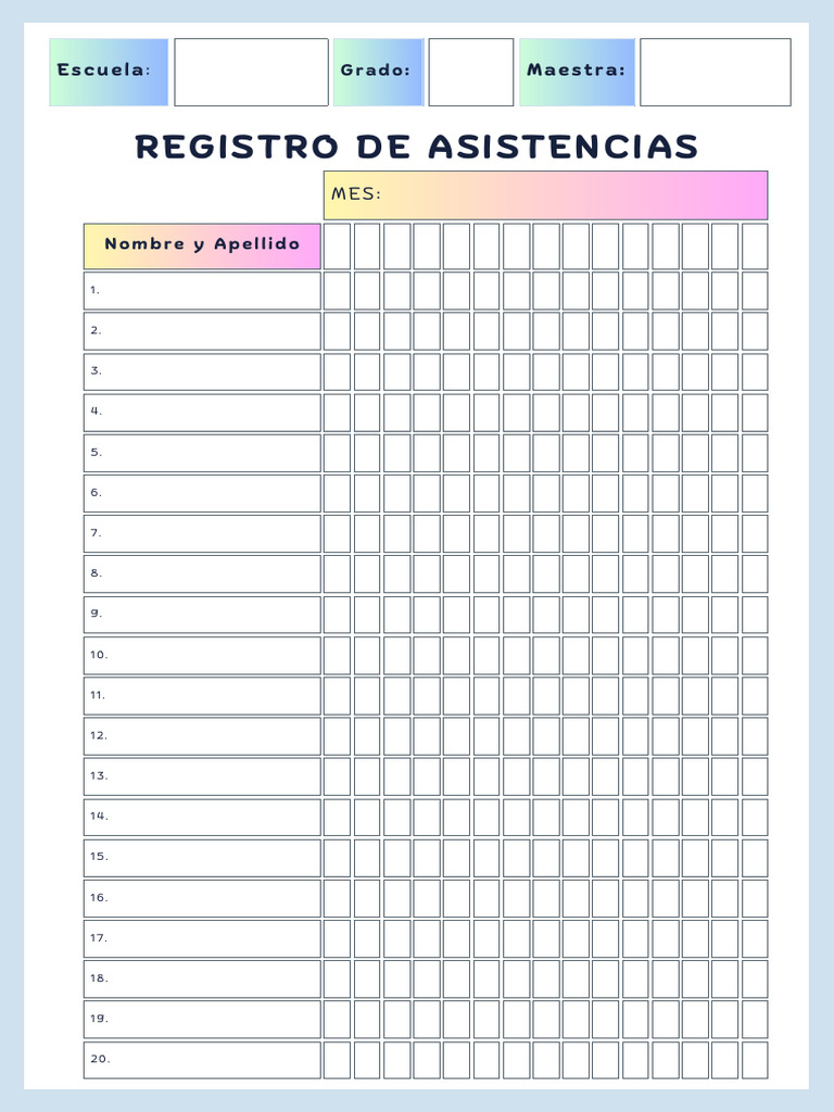 Planilla de Registro de Asistencias Escolares Simple Gris Celeste y ...