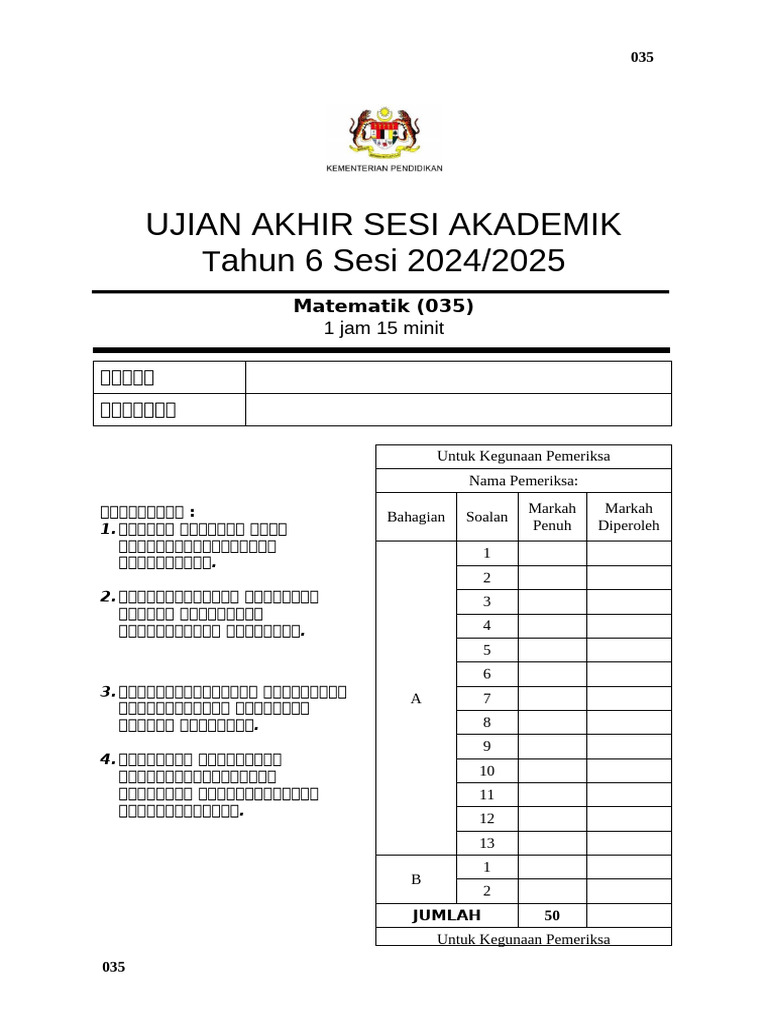 Soalan Uasa Matematik Tahun 6 20244 | PDF