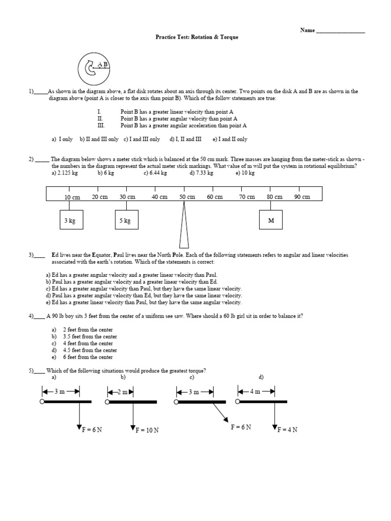 Practice Test Torque Rotation | PDF | Rotation Around A Fixed Axis | Torque