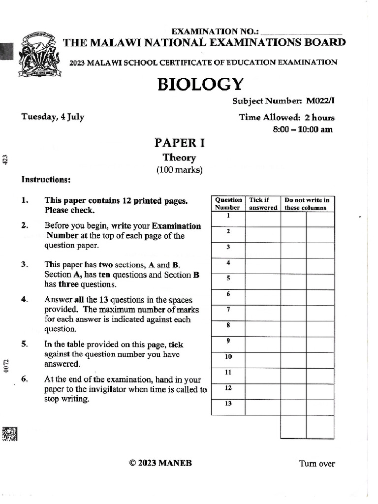 2023 Biology Past Paper 1 | PDF