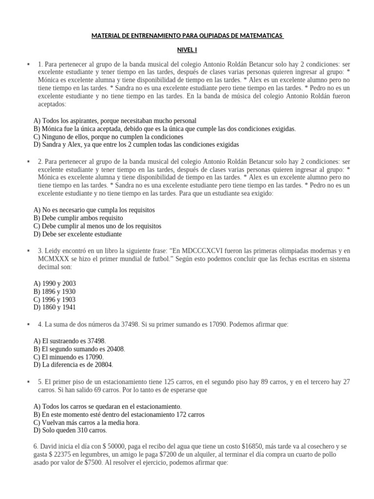 Material de Entrenamiento Inicial de Olimpiadas de Matematicas (Nivel I) | PDF