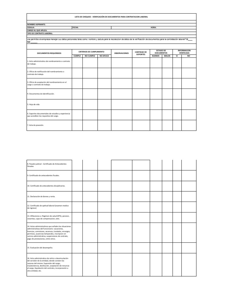 Lista de Chequeo para Contratación Laboral | PDF