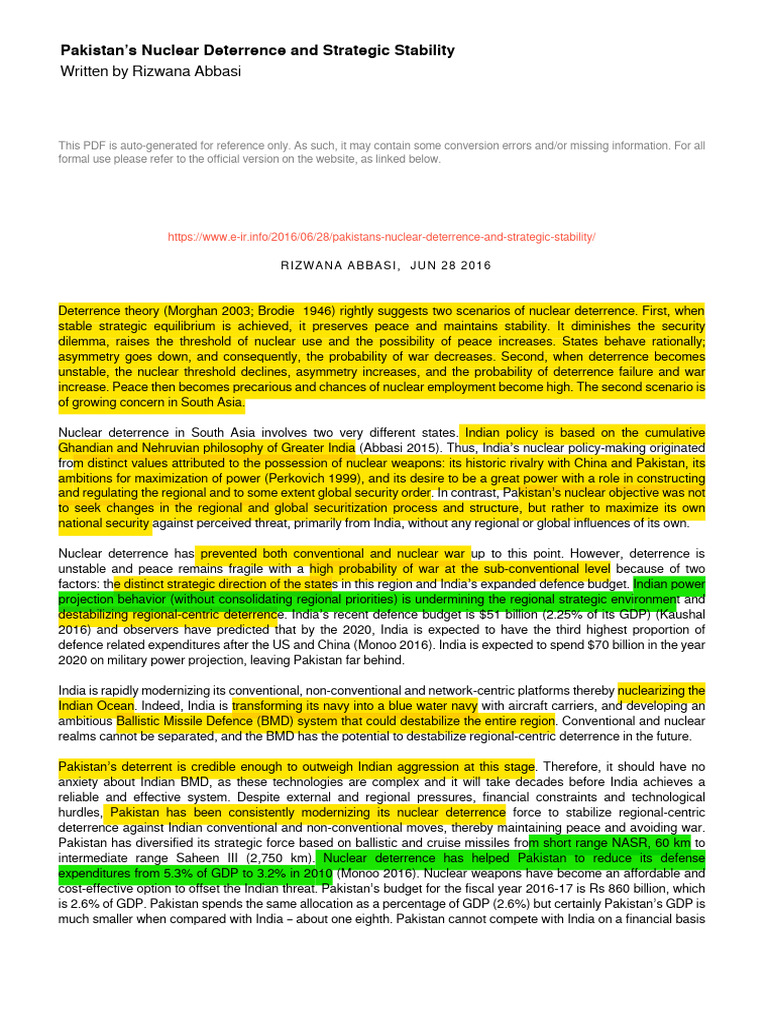 Pakistans Nuclear Deterrence and Strategic Stability | PDF | Deterrence ...
