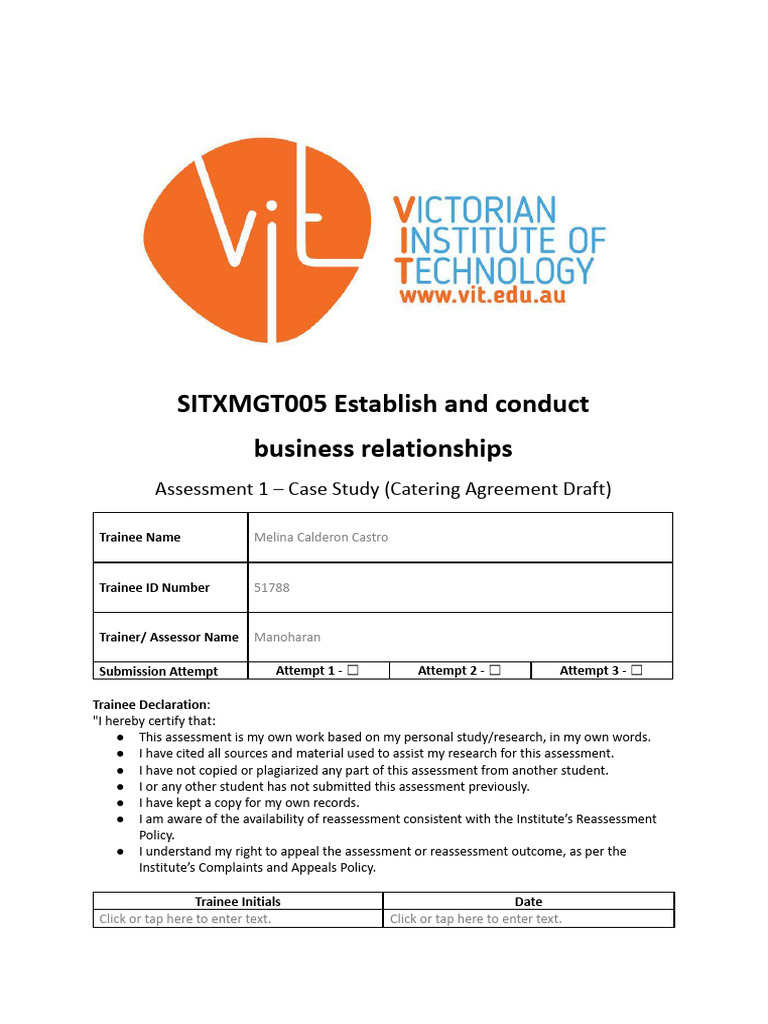SITXMGT005 Assessment 1 Catering Agreement Draft | PDF | Payments ...