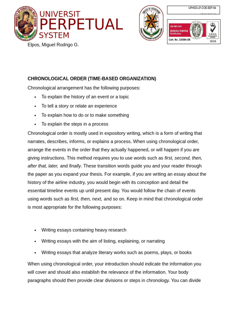Elpos - Types of Order in Body of The Essay - Chronological and Logical ...