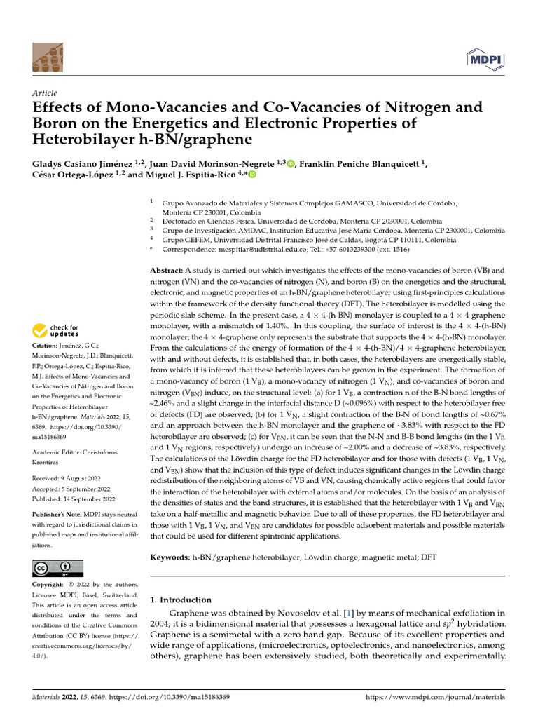 Effects of Mono-Vacancies and Co-Vacancies of Nitrogen and Boron BN-graphene Heterobilayer | PDF ...
