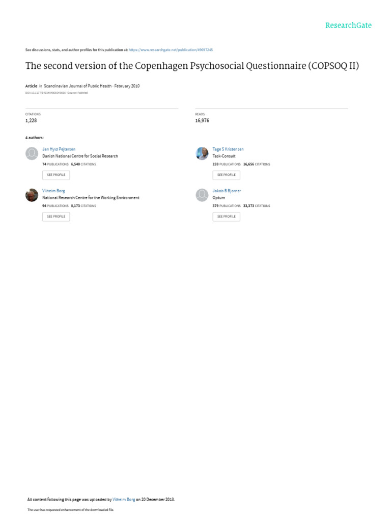 The_second_version_of_the_Copenhagen_Psychosocial_ | PDF | Survey Methodology | Psychometrics