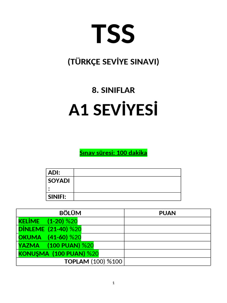 TSS A1 8 SINIFLAR 2025 Kelime Dinleme Okuma Yazma Konuşma ÖĞRETMENLER | PDF