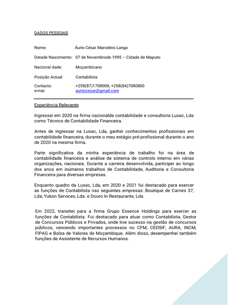 Currículo Vitae Detalhado Aurio Cesar Marcelino Langa 2025 | PDF | Contabilidade | Gestão de ...