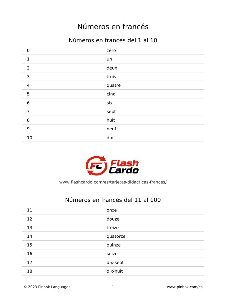 Números en francés del 1 al 1000 | PDF