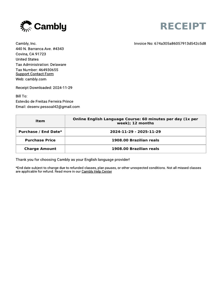 Cambly Receipt | PDF