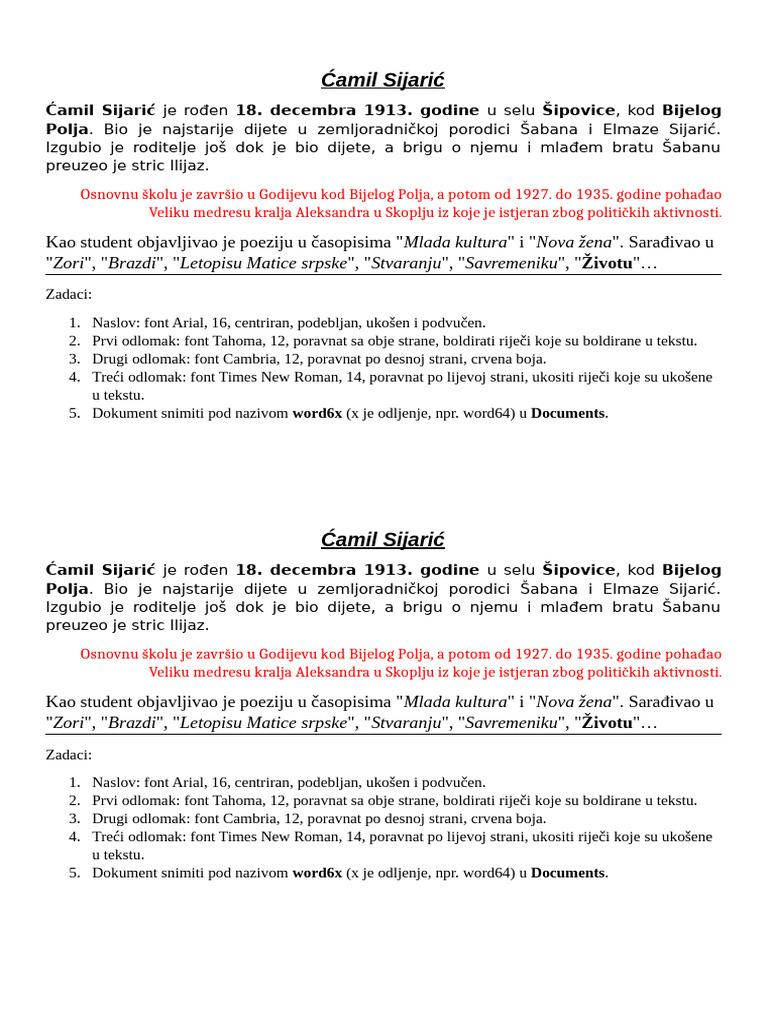 Word Vjezba 1. VI Razred | PDF