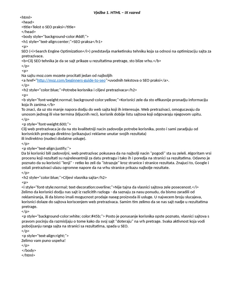 Vježba 1. HTML IX Razred | PDF