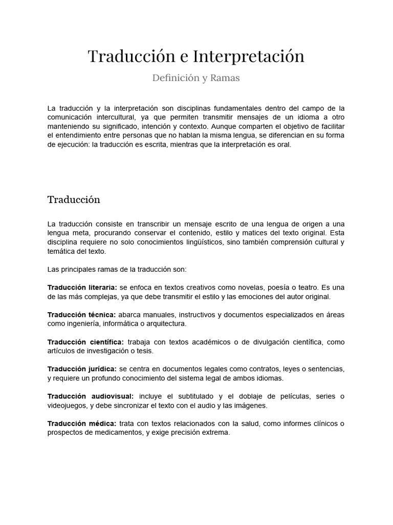 Traducción e Interpretación: Definición y Ramas | PDF | Interpretación ...