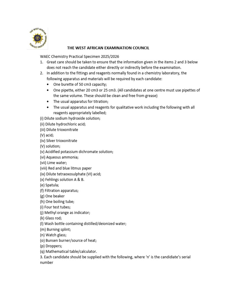 WAEC 2025 Chemistry Practical Specimens | PDF