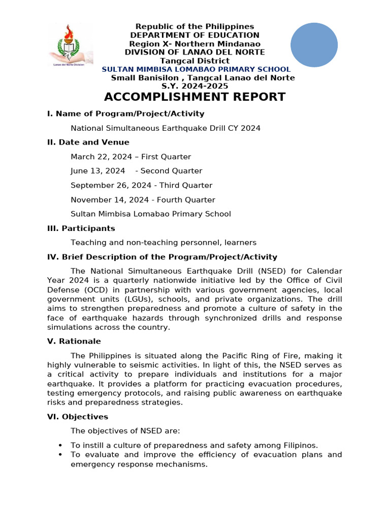 Nsed Cy 2024-Accomplishment Report - 052443 | PDF | Emergency ...