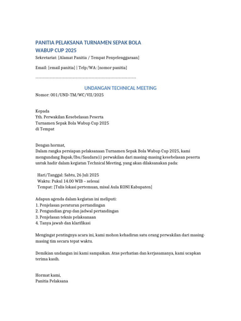 Undangan Technical Meeting Wabup Cup 2025 | PDF