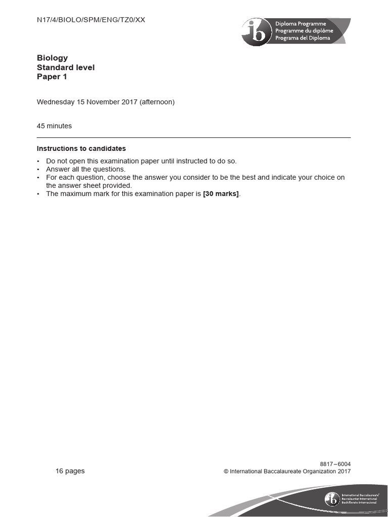 2017 Nov Biology Paper1 SL TZ0 | PDF | Cell (Biology) | Dna