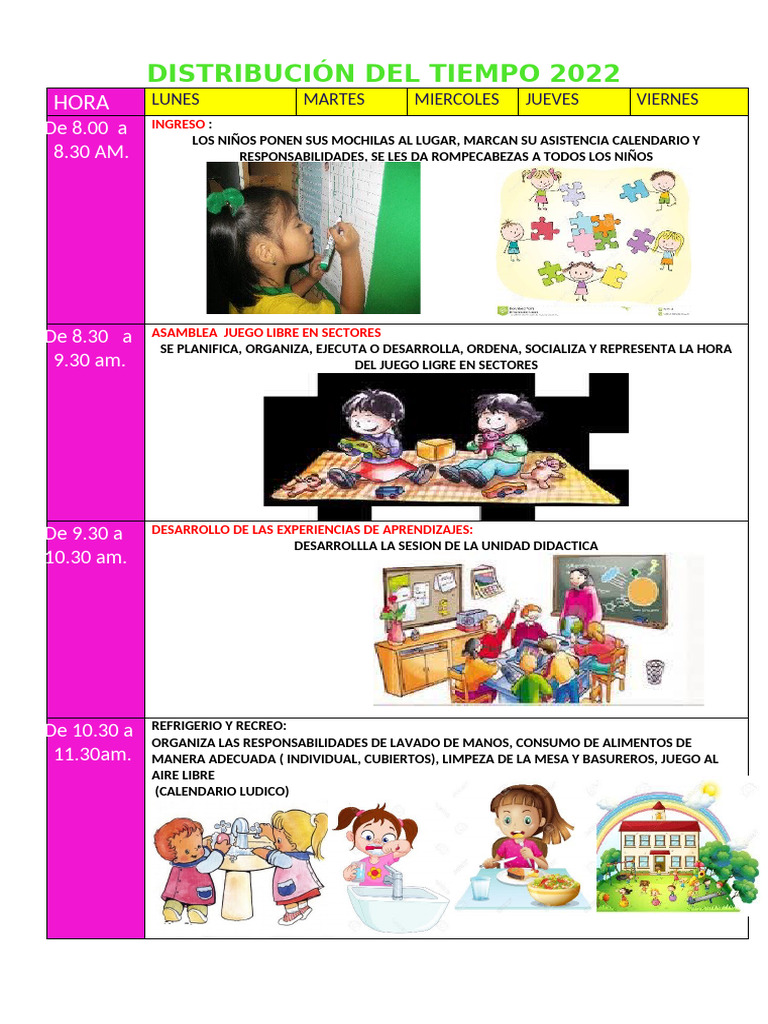 Horario Escolar 2022: Actividades Diarias | PDF