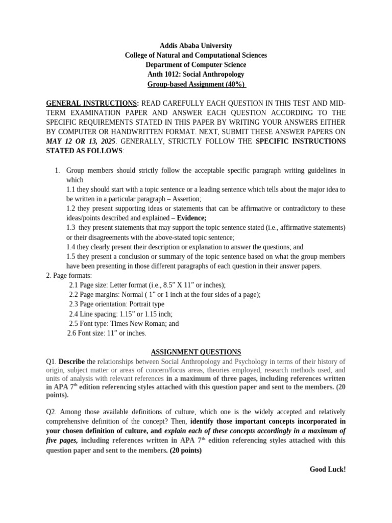 Anth 1012-AY2024-25-Computer Science-Assignments | PDF | Question | Science