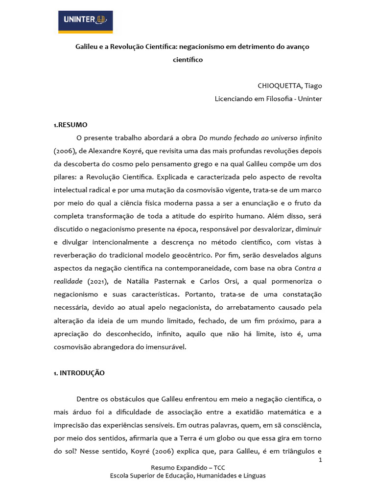 TCC Template Resumo Expandido 2024 1. | PDF | Science | Galileu Galilei