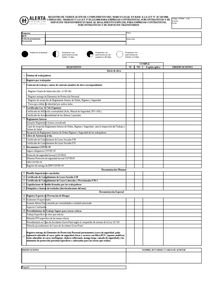 FORM - 229 Registro de Verificación Cumplimiento Subcontrato V 10 - 1 | PDF