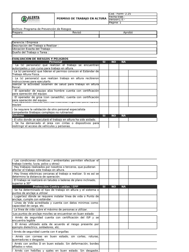 FORM - 225 Permiso para Trabajo en Altura V 10 - 1 | PDF | Andamio