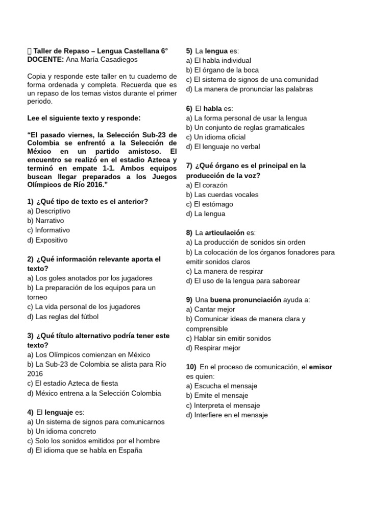 ? Taller de Repaso 6° | PDF | Comunicación | Comunicación humana