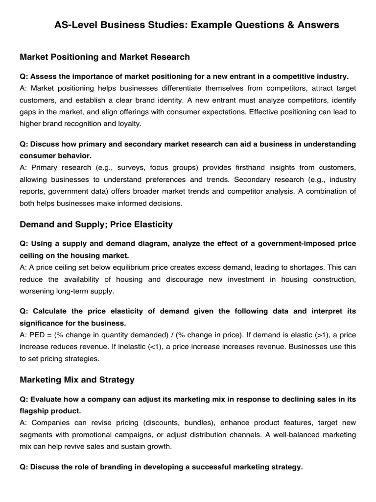 AS Level Business Questions Answers | PDF | Demand | Price Elasticity ...