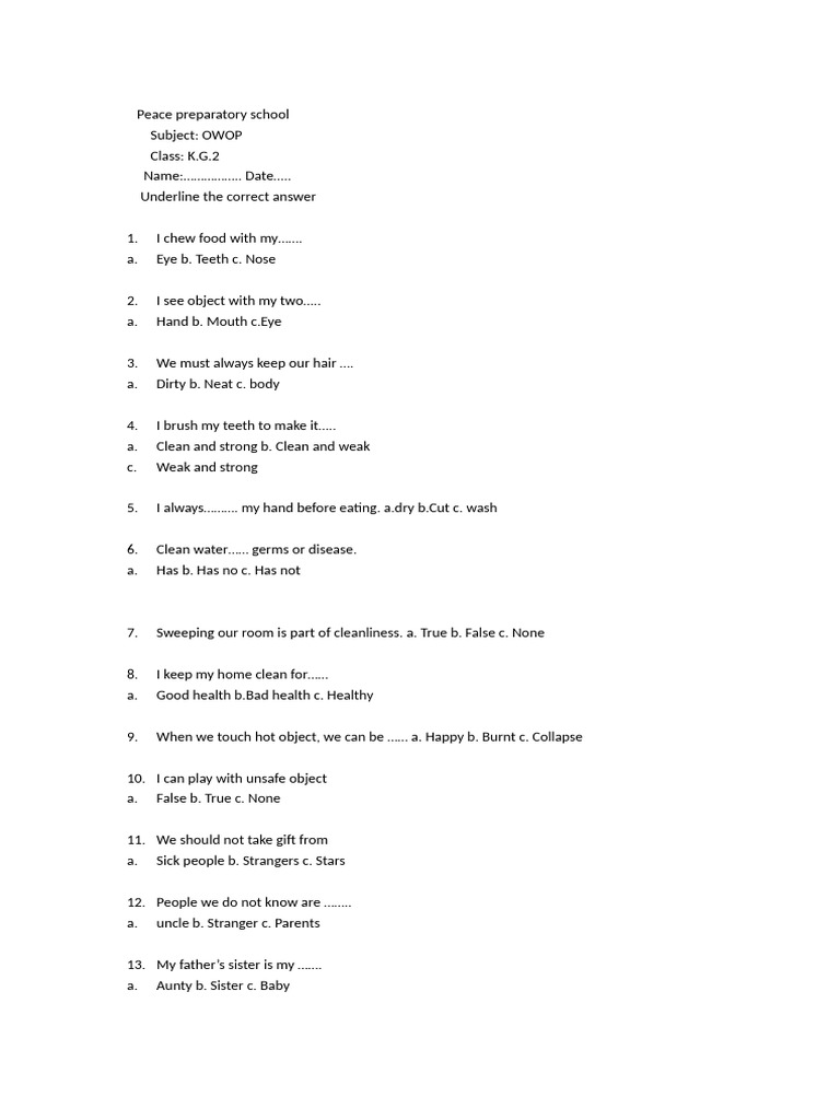 K.G.2 OWOP Quiz: Health & Cleanliness | PDF