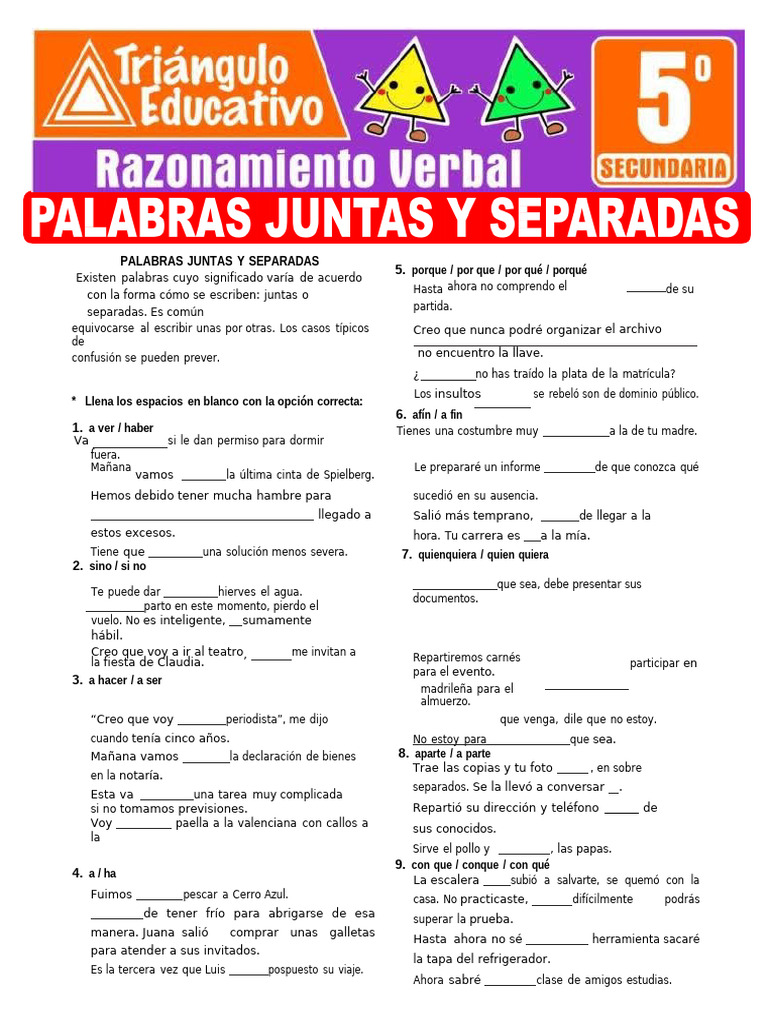 Ejercicios de Palabras Juntas y Separadas | PDF