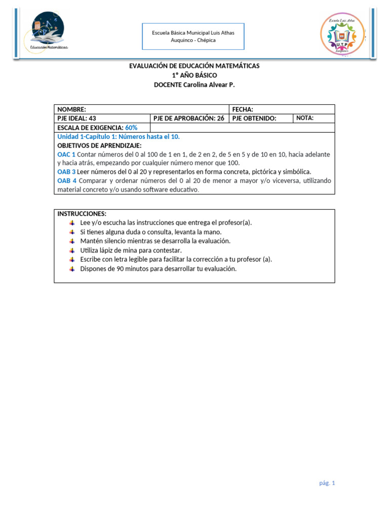 EVALUACIÓN MATEMÁTICA - Unidad 1-Capítulo 1 Números Hasta El 10 60% | PDF