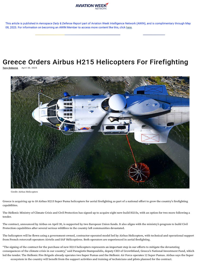 Greece Orders Airbus H215 Helicopters For Firefighting - Aviation Week ...
