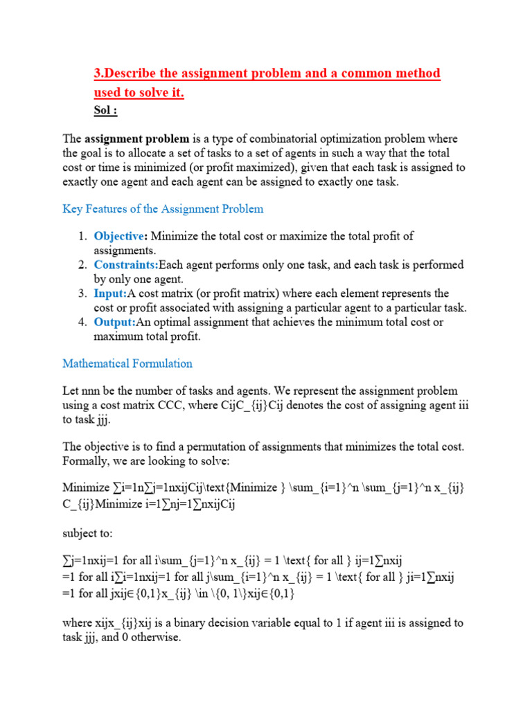 Describe The Assignment Problem and A Common Method Used To Solve It | PDF | Mathematics ...