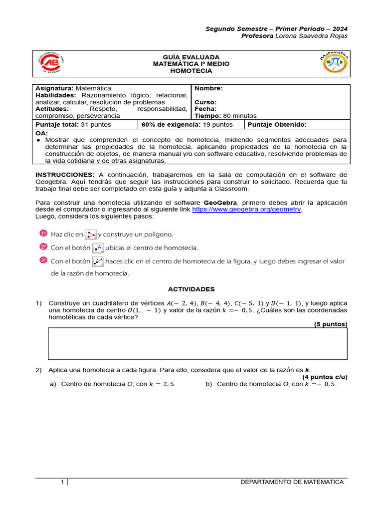 Guía Evaluada Homotecia Matemática Iº Medio | PDF | Matemáticas