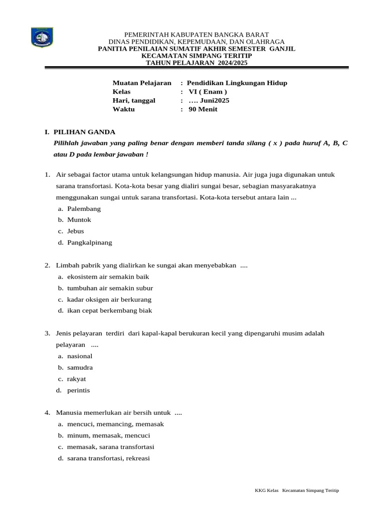 SOAL PLH KELAS VI KUMER 2025 Selesai | PDF