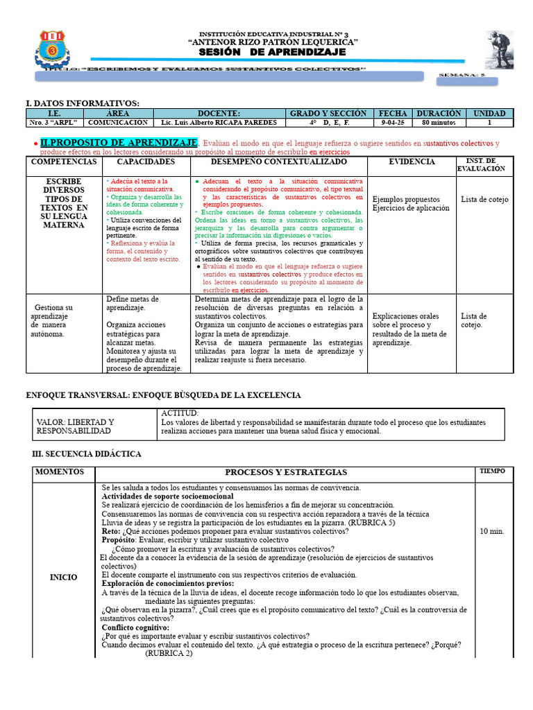 SESI-N DE APRENDIZAJE 4- SEMANA 5-2025.doc | PDF | Aprendizaje | Evaluación