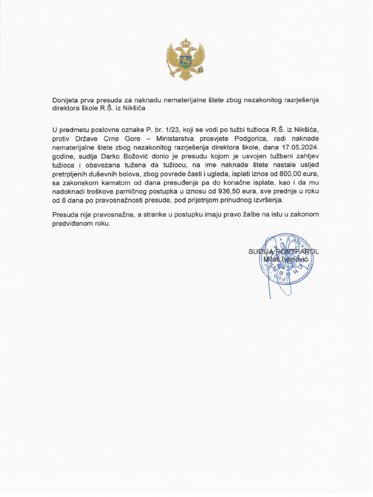 Prva Presuda Za Naknadu Nematerijalne Stete | PDF