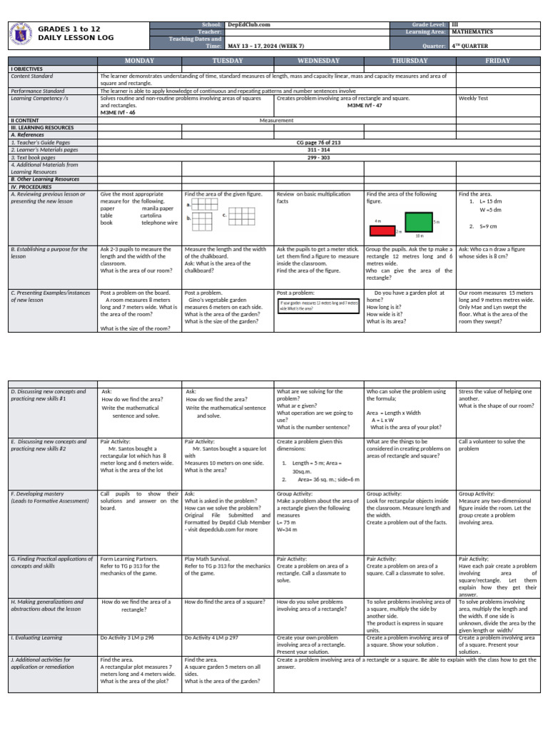 DLL Mathematics 3 q4 w7 | PDF | Area | Learning