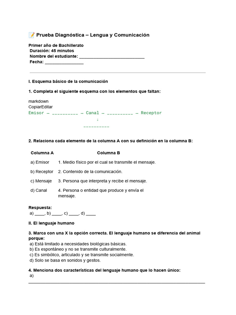 Prueba Diagnóstica en Lengua y Comunicación1° | PDF