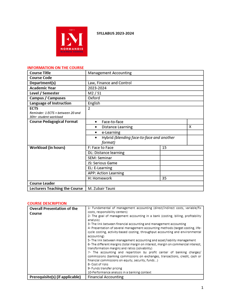 Syllabus Management Accounting | PDF | Management Accounting ...
