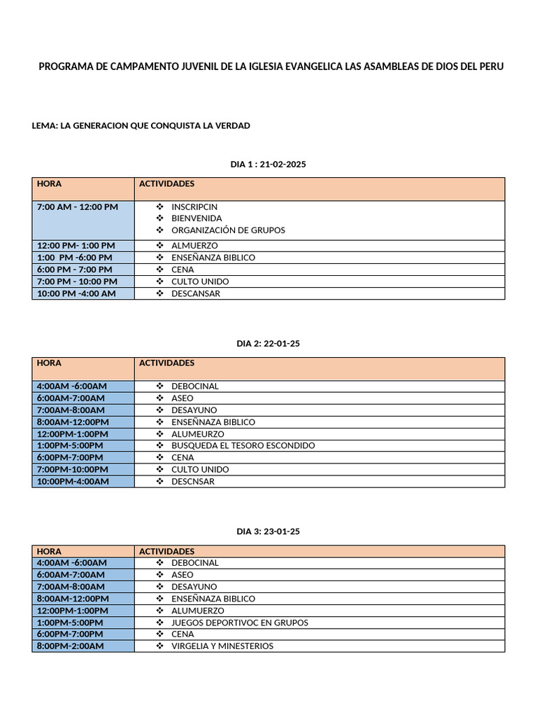 Programa de Campamento Juvenil de La Iglesia Evangelica Las Asambleas de Dios Del Peru | PDF