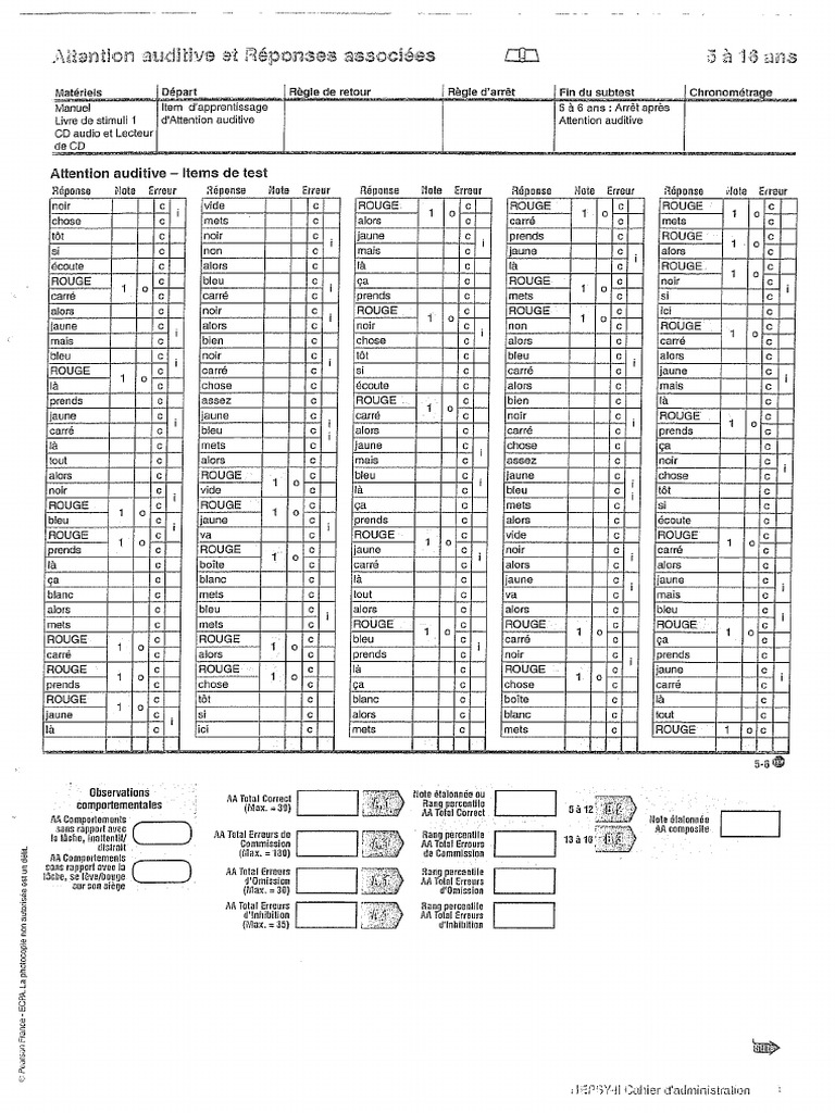 Cahier D'administration Nepsy II-3-4 | PDF