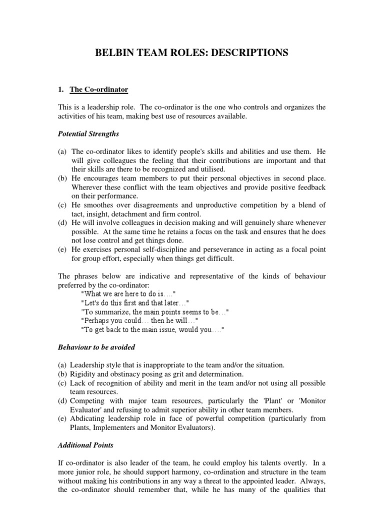 Belbin Team Role Descriptions | PDF | Leadership | Psychological Concepts