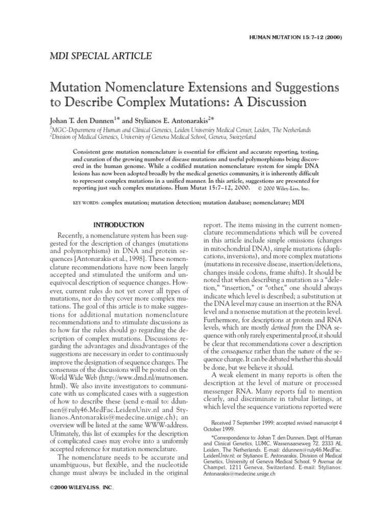 Human Mutation - 2000 - Dunnen - Mutation Nomenclature Extensions and Suggestions To Describe ...