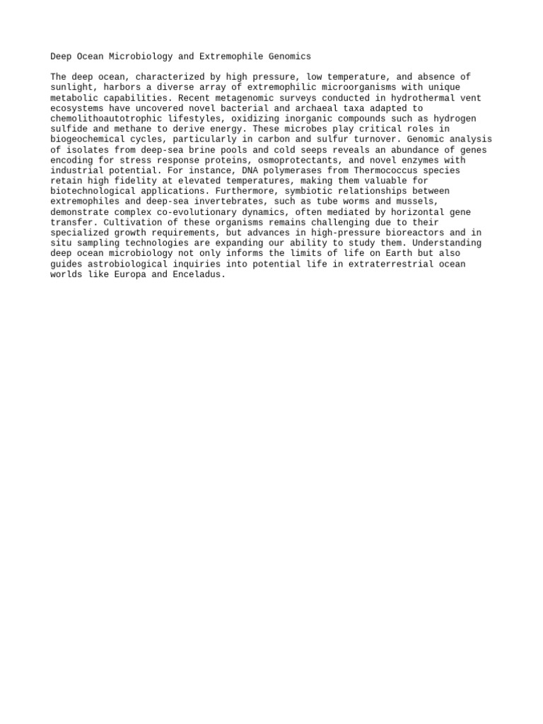 Deep Ocean Microbiology and Extremophile Genomics | PDF