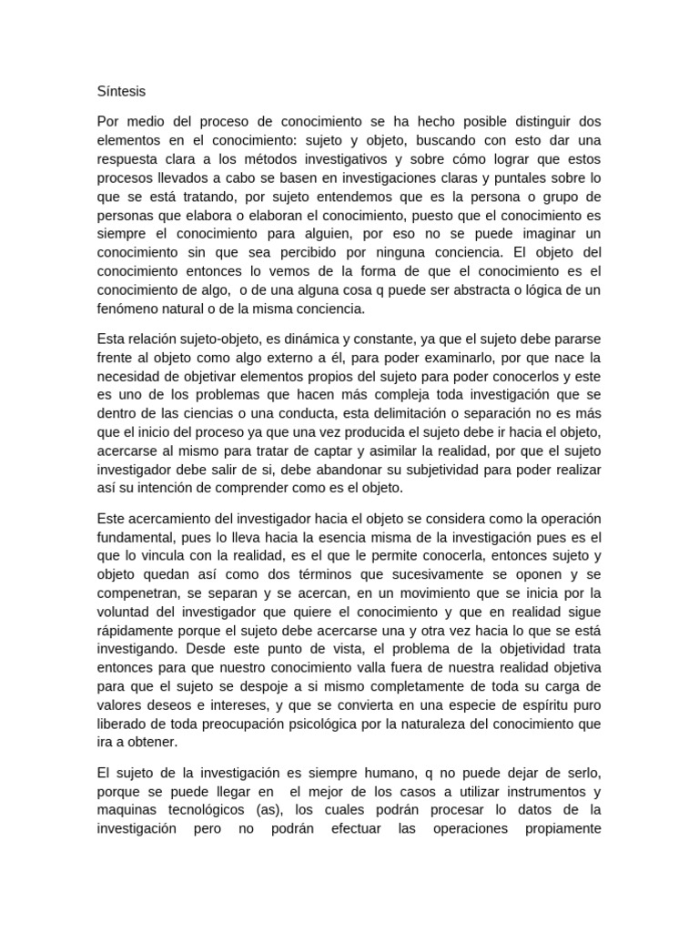 Sujeto y Objeto en la Investigación | PDF | Conocimiento | Método ...