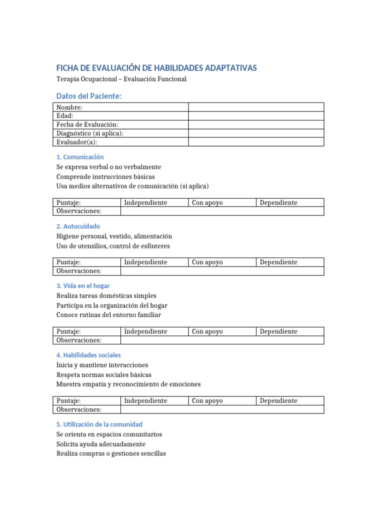 Ficha Terapia Ocupacional Habilidades Adaptativas | PDF