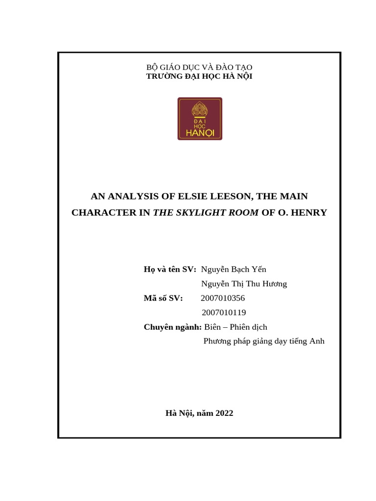 An Analysis of Elsie Leeson The Main Character in The Skylight Room of ...